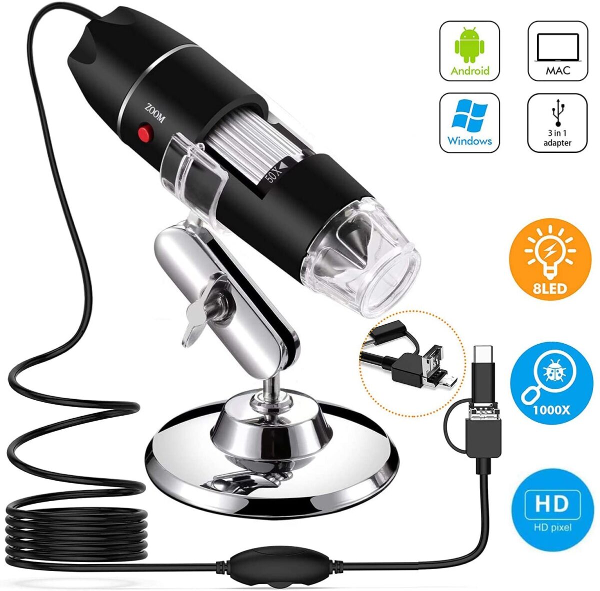 USB Microscope,1000x Zoom 8 LED USB 2.0 Digital Mini Microscope - Gsm King